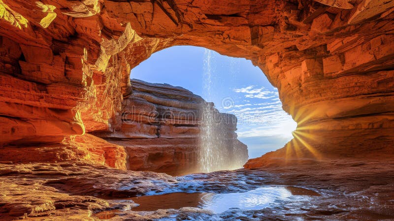 There S a Beautiful Sunset View through a Natural Arch with a Cascading ...