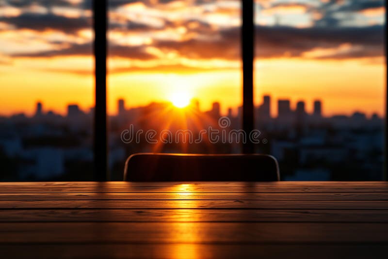 Beautiful Sunset View from Office Interior with Wooden Table in ...
