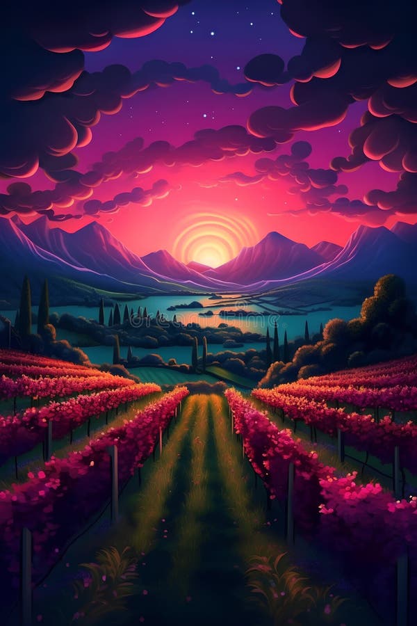 Beautiful Sunset in the Vineyard. 3d Render Illustration Stock ...