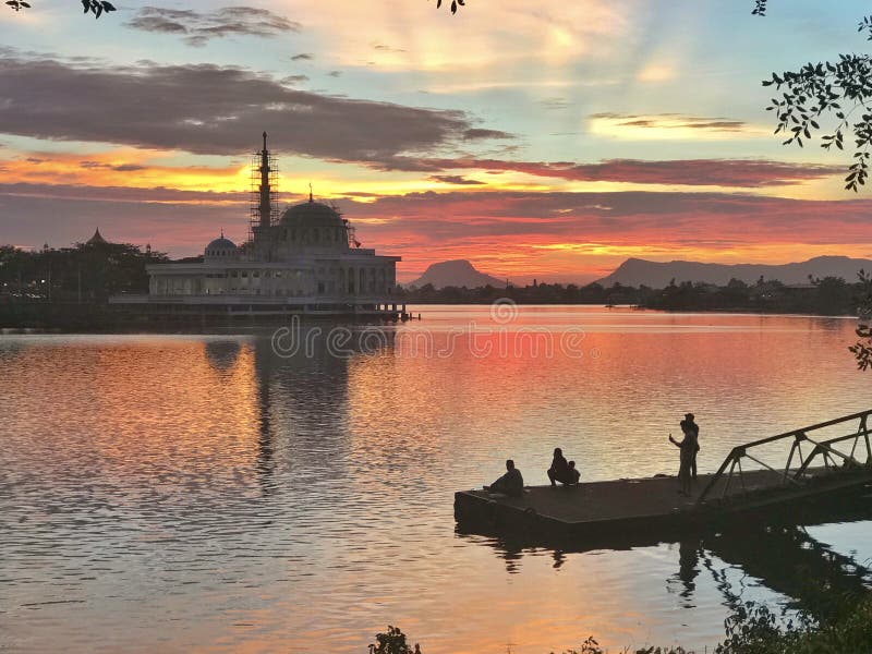 Sunset at Floating Mosque in Sarawak River Stock Image - Image of ...