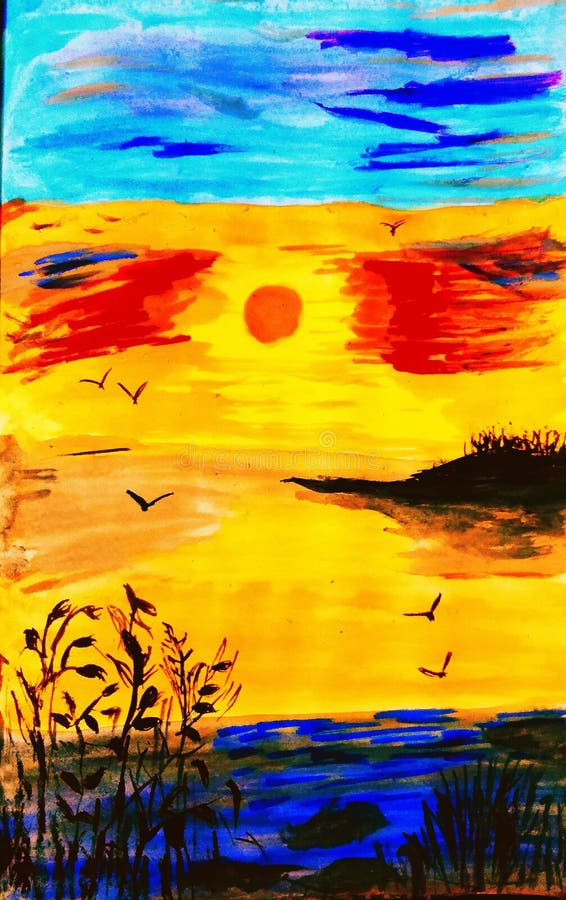 Beautiful Sunset on Waterfront Sketch Stock Illustration - Illustration ...