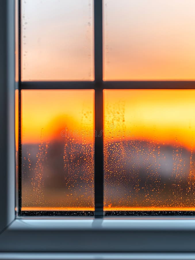 Beautiful Sunset through Window with Detailed Condensation Patterns and ...