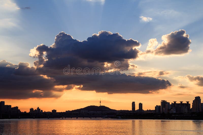 Beautiful Sunst with Dramatic Sky on Han River in Seoul Stock Image ...