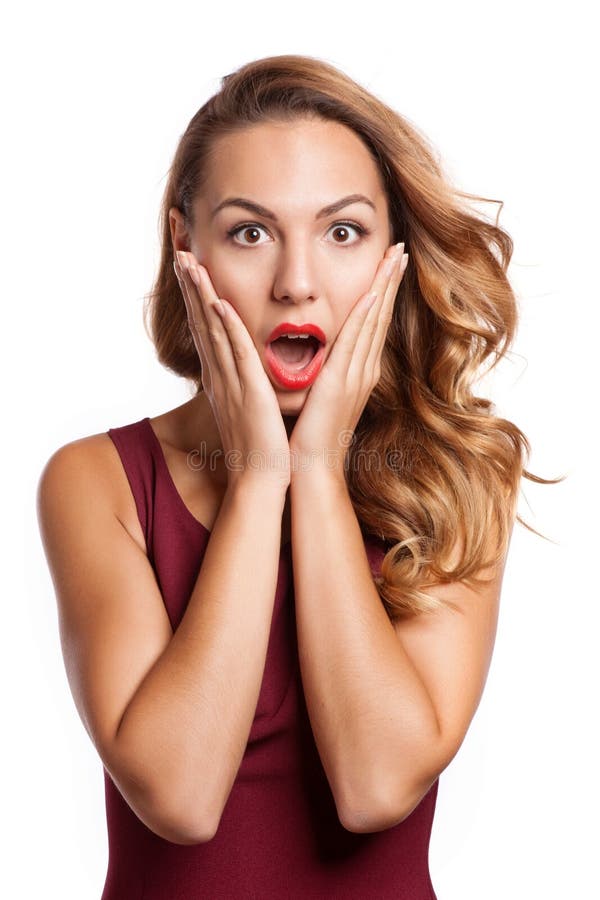 Surprised Brunette Woman With Long Wave Hair Wearing Evening Dress With
