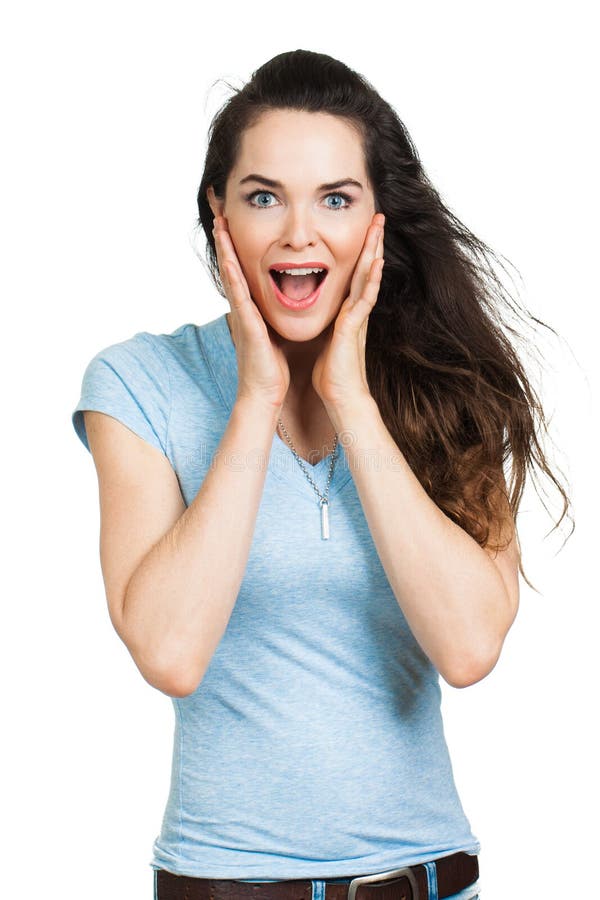 Surprised Happy Beautiful Woman In Excitement Isolated Over White