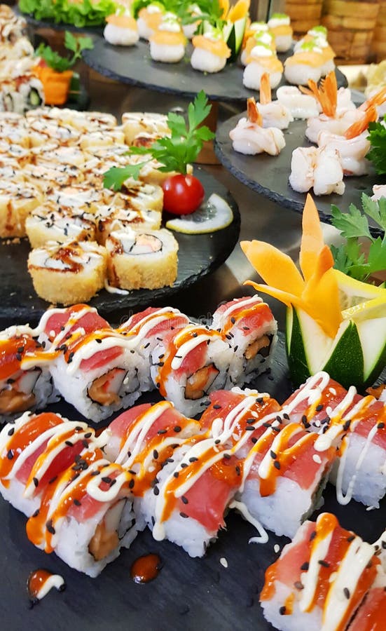 Beautiful sushi buffet stock image. Image of buffet - 117812831