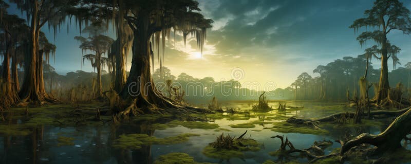 Beautiful Swamp Landscape, Wetlands at Sunset, Panoramic, Generated Ai ...