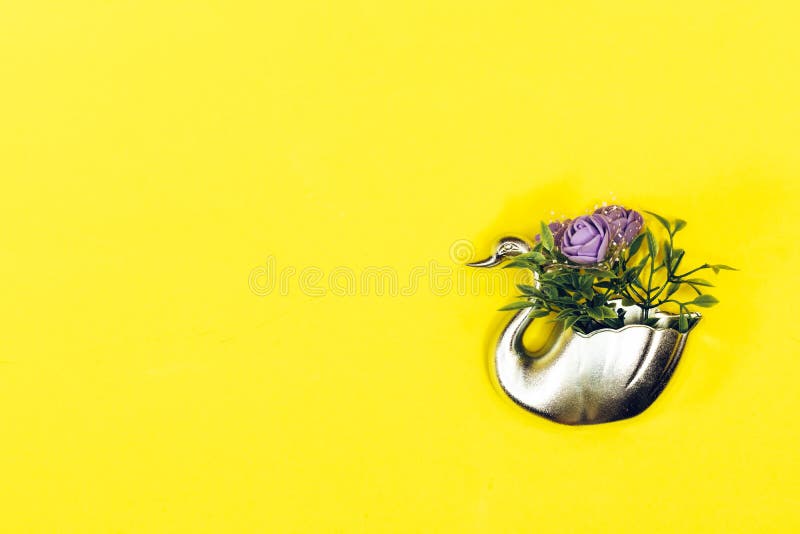 Beautiful Swan with Flowers Isolated on Yellow Background Stock Photo ...