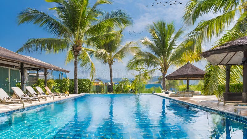 Beautiful Swimming Pool with Lots of Coconut Trees Stock Photo - Image ...