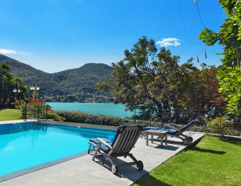 Beautiful Swimming Pool Overlooking the Lake Stock Photo - Image of ...