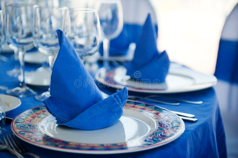 Beautiful Table with Blue Napkins Stock Image - Image of banquet ...