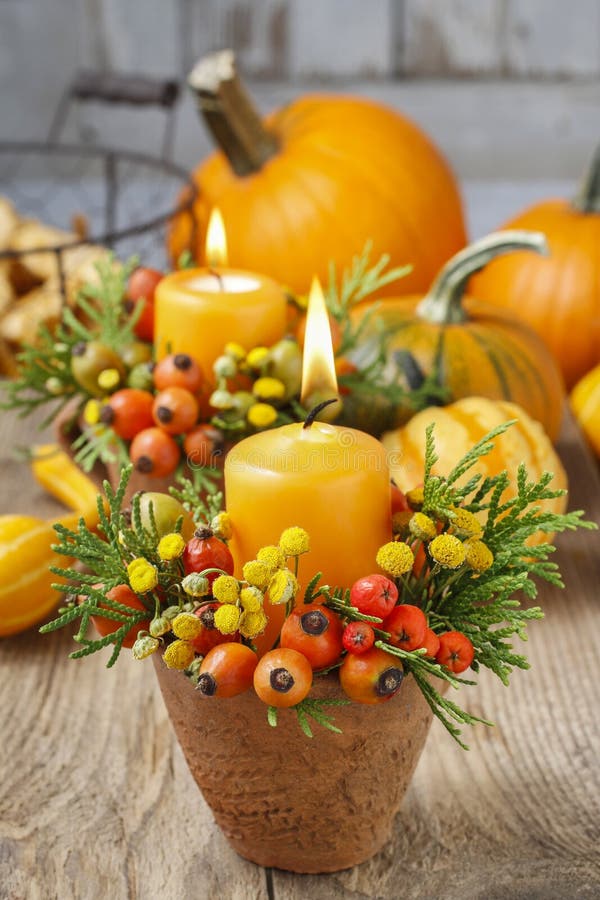 Beautiful Table Decoration with Candle and Autumn Plants Stock Photo ...