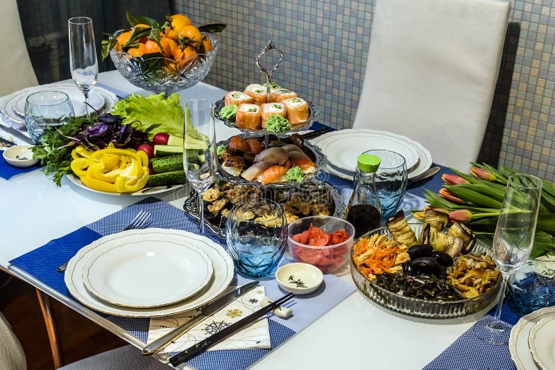 A Beautiful Table Set in the Tradition of Japanese Cuisine. Stock Photo ...