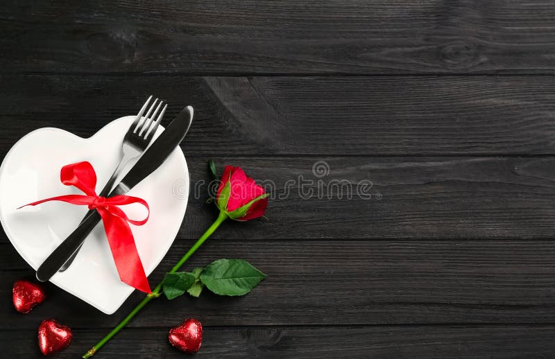Beautiful Table Setting on Black Wooden Background, Flat Lay with Space ...