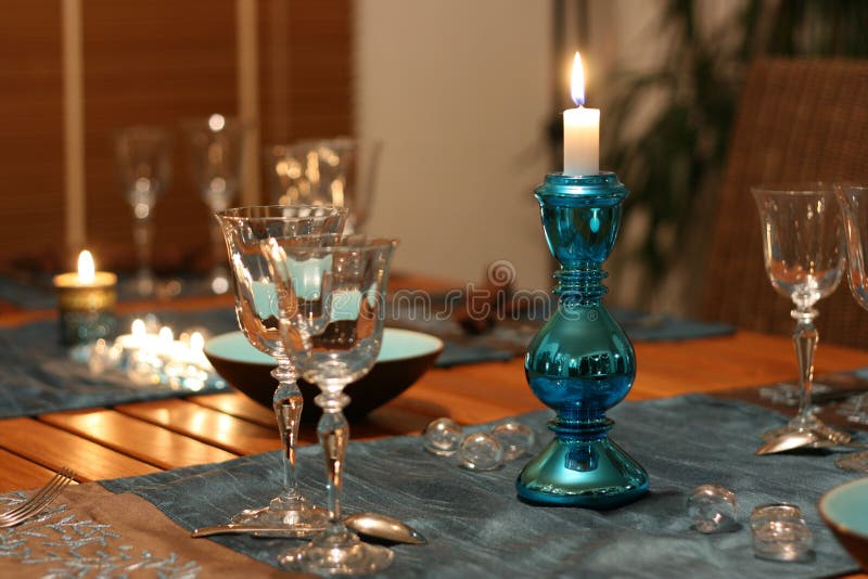 Beautiful Table Setting with a Candle on a Wooden Table. Stock Image ...