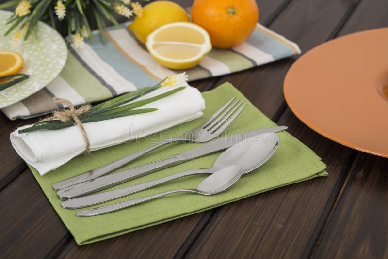 Table Setting with Decorations, Napkins on a Table Stock Photo - Image ...