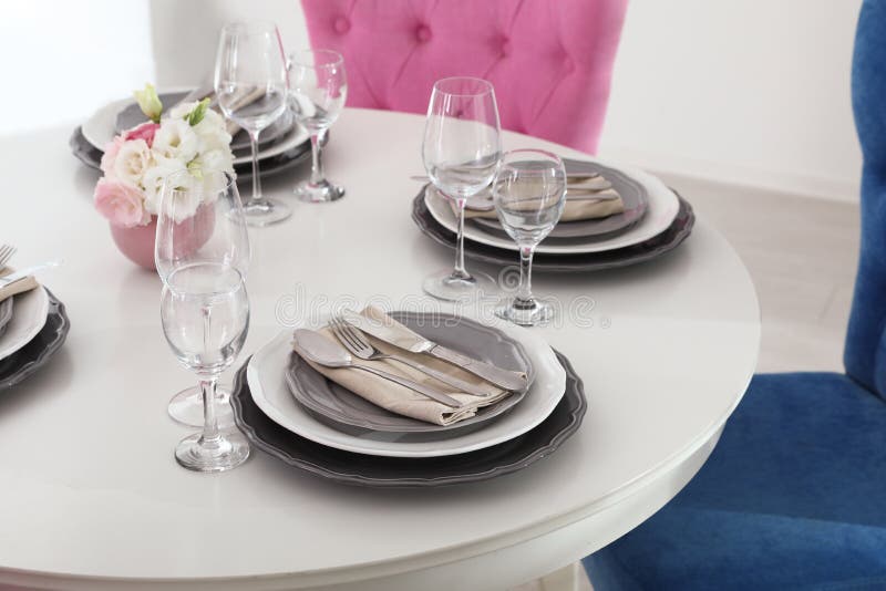 Beautiful Table Setting in Dining Room Interior Stock Image - Image of ...