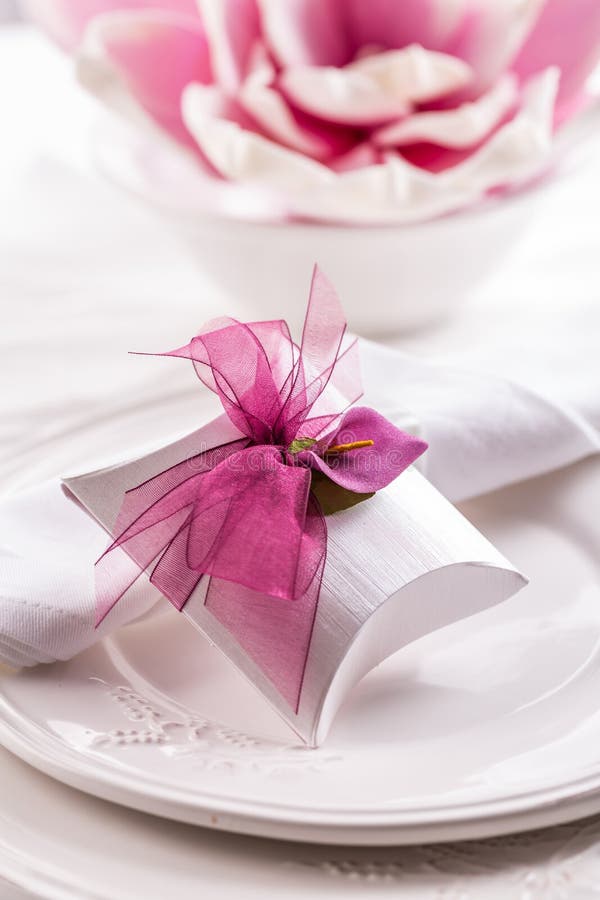 Beautiful Table Setting with Small Present Stock Image - Image of guest ...
