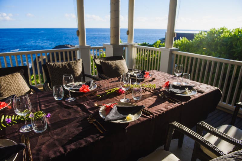 Beautiful Table Setting on Terrace Near Ocean Stock Image - Image of ...
