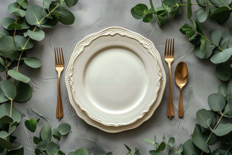 Beautiful Table Setting with White Empty Plate and Gold Cutlery Stock ...