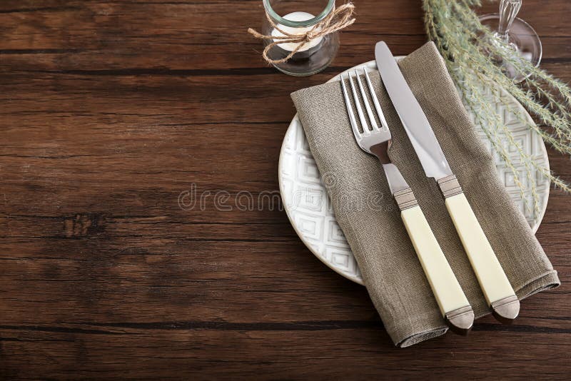 Beautiful Table Setting on Wooden Background Stock Image - Image of ...