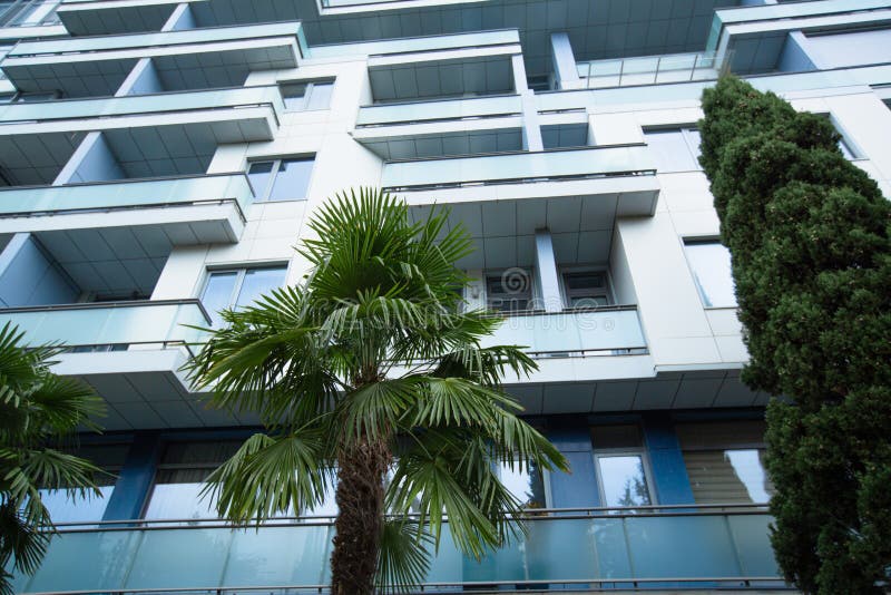 Beautiful Tall Hotel Buildings with Green Trees Stock Photo - Image of ...