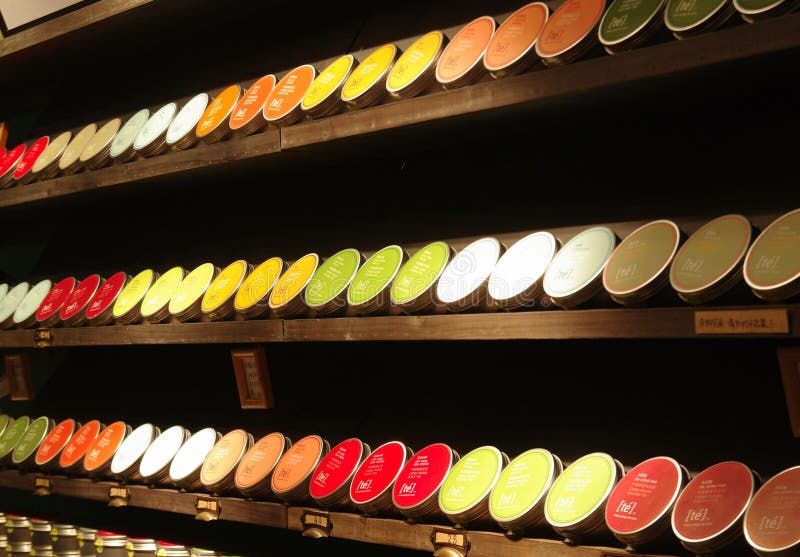 Beautiful Tea-cans on Wooden Shelf Stock Image - Image of shelf, wooden ...