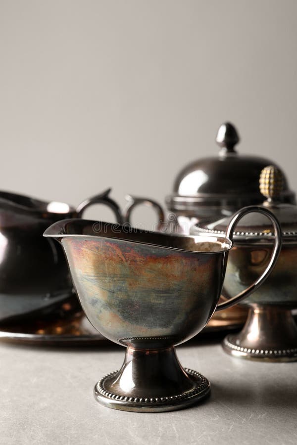 Beautiful Tea Set on Grey Textured Table, Closeup Stock Photo - Image ...