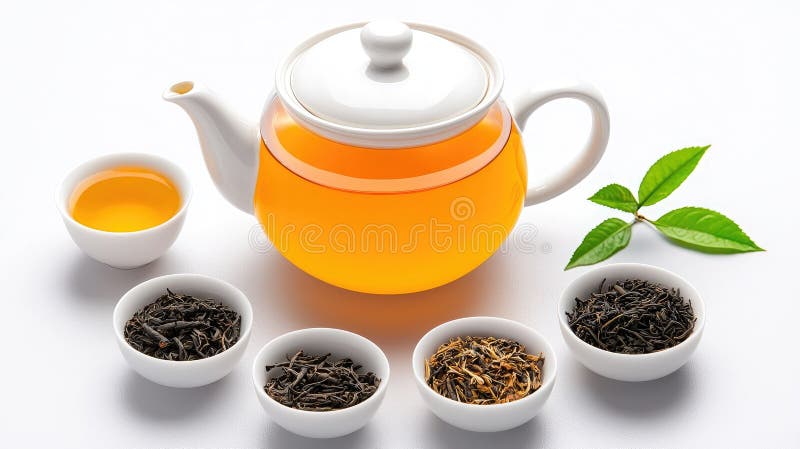 A Beautiful Tea Setup Featuring a Teapot, Cups, and Various Types of ...