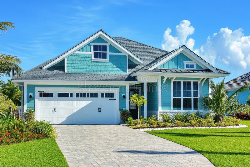 Beautiful Teal Beach House with White Garage and Palm Trees Stock ...