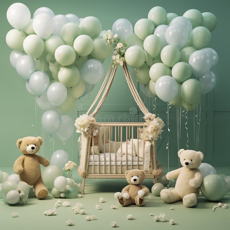 Beautiful Ten and Sage Green Bears and Balloon Generative AI Stock ...