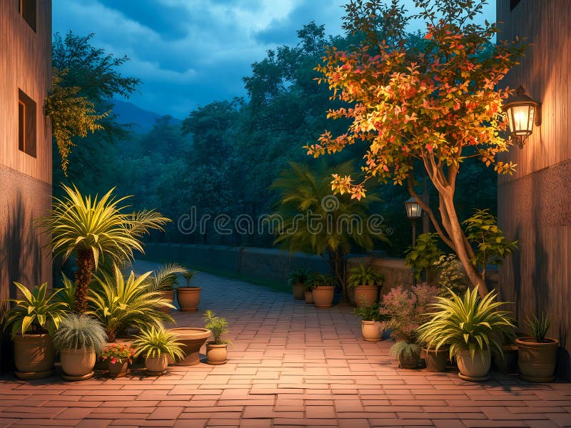 Beautiful Terrace with Plants in the Evening 3D Rendering Stock ...