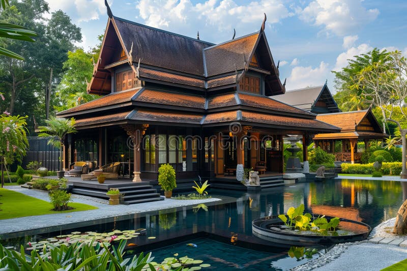 A Beautiful Thai House with a Pool and Lush Greenery Stock Photo ...