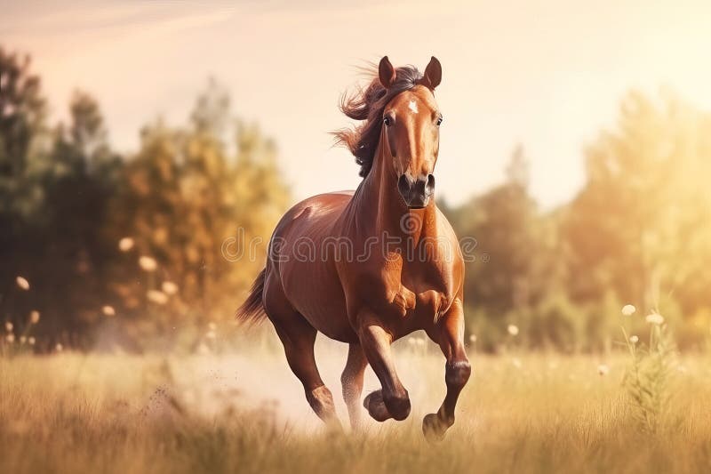 A Beautiful Thoroughbred Horse Runs Fast in the Field, AI Generation ...