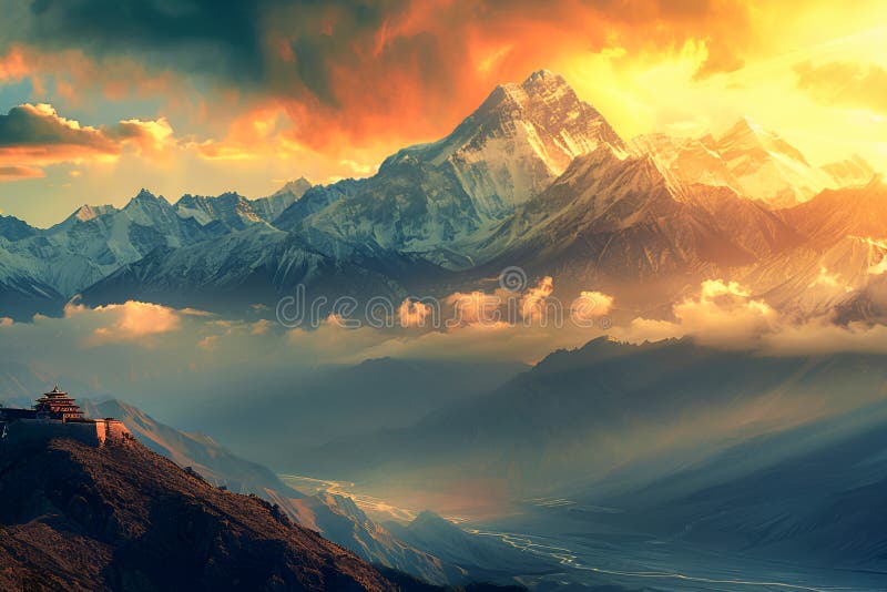 Beautiful Tibet Landscape with a Temple Stock Image - Image of ...