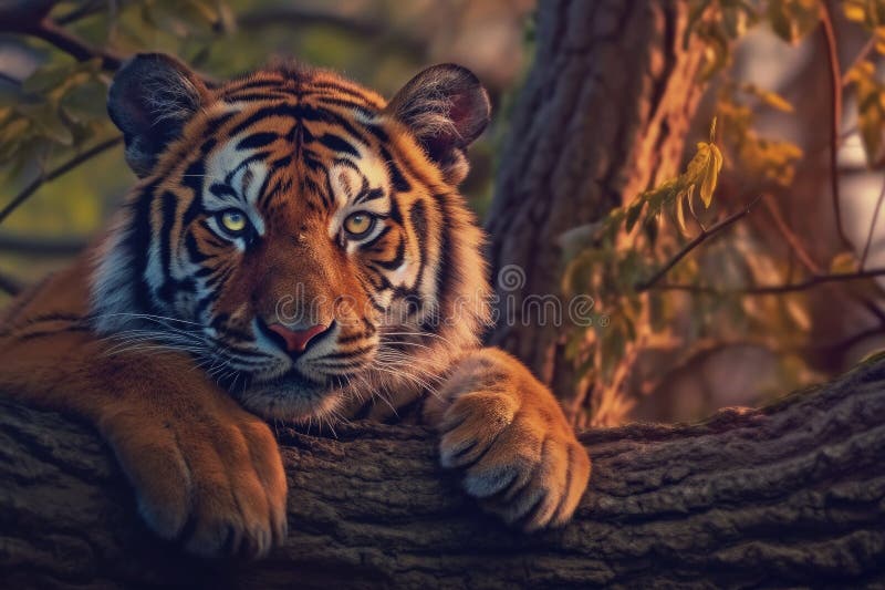 Beautiful Tiger Rest on a Tree Branch Extreme Closeup. Generative AI ...