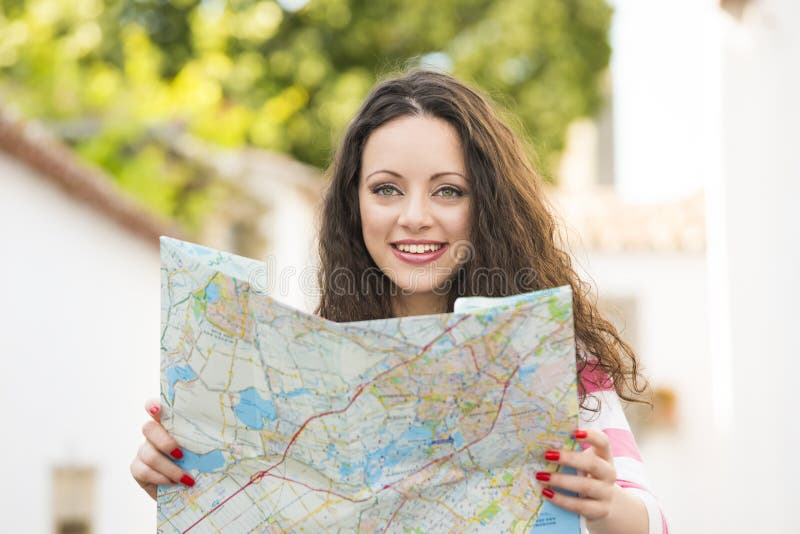 Beautiful Tourist Searching on the Map Stock Photo - Image of town ...