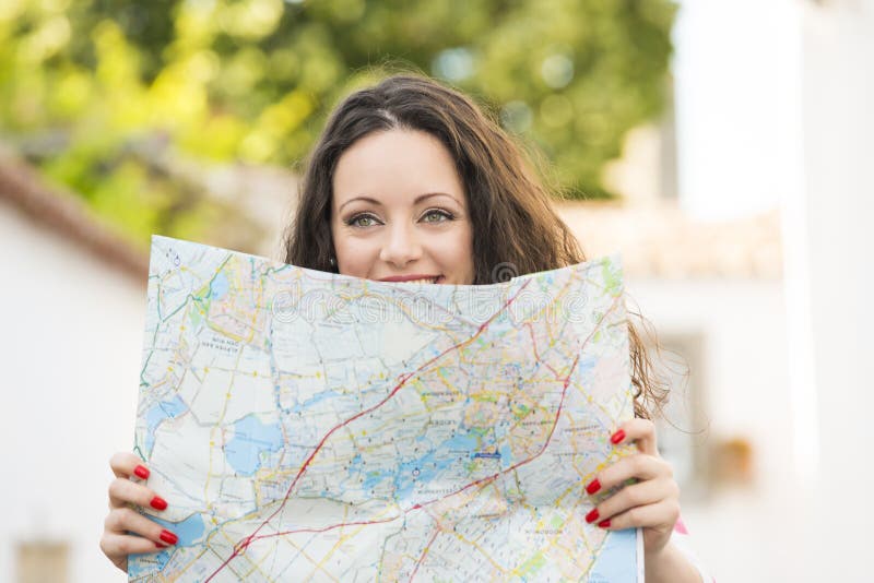 Beautiful Tourist Searching on the Map Stock Image - Image of tourism ...