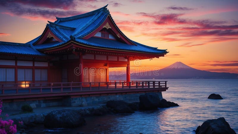 Beautiful Traditional Japanese Structure by Water at Sunset Stock Image ...