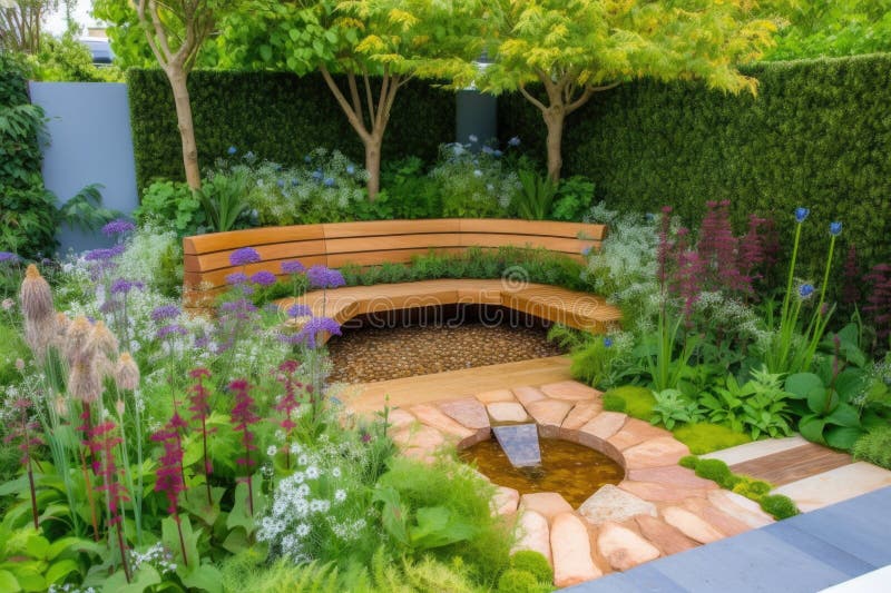 Beautiful and Tranquil Garden with Small Water Feature and Stone Bench ...