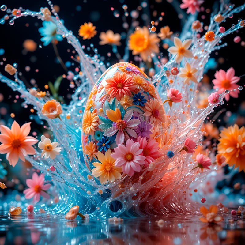 A Beautiful Translucent Egg with Flowers and Colorful Splashes of Water ...