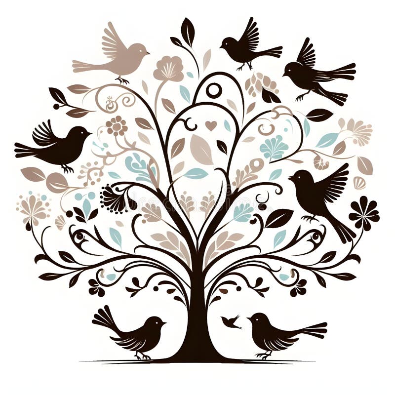 Beautiful tree with birds stock illustration. Illustration of leaf ...