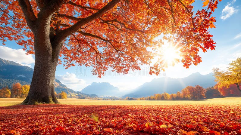 Beautiful Tree with Golden and Red Leaves in Autumn Forest Stock ...