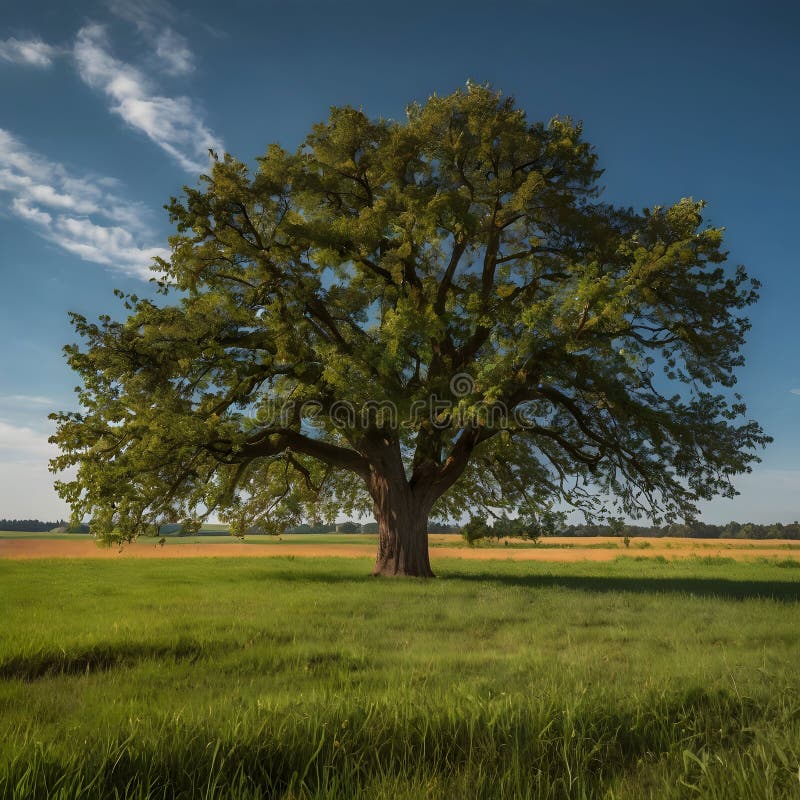 Beautiful Tree in the Middle of a Field Covered with Grass with the ...
