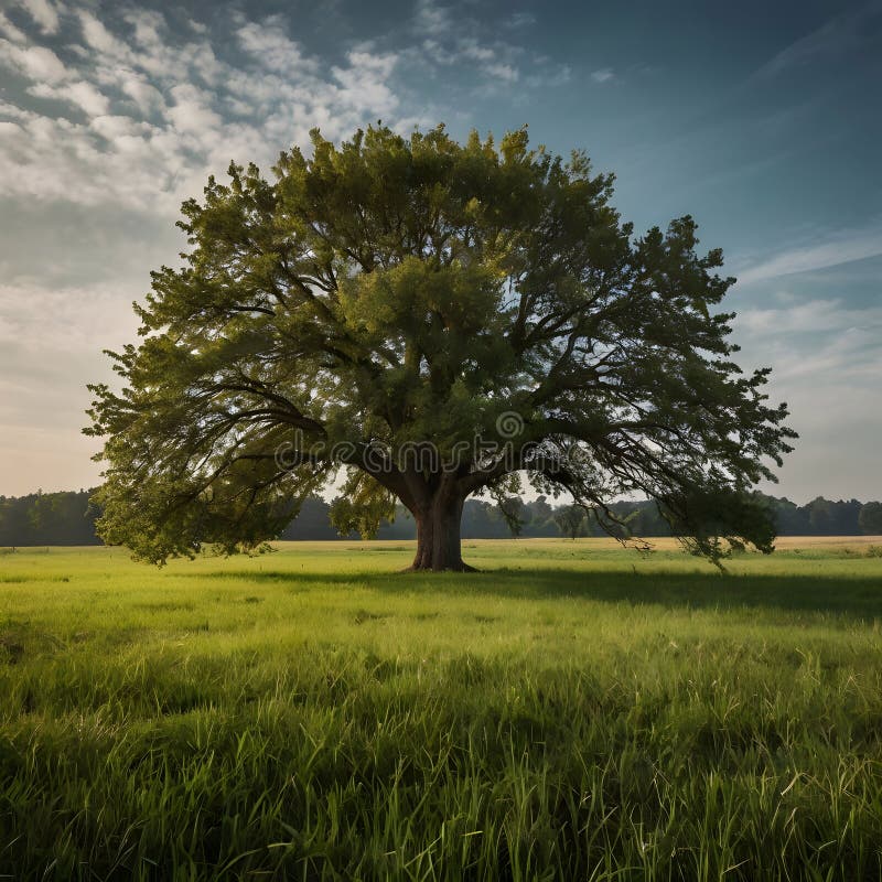 Beautiful Tree in the Middle of a Field Covered with Grass with the ...