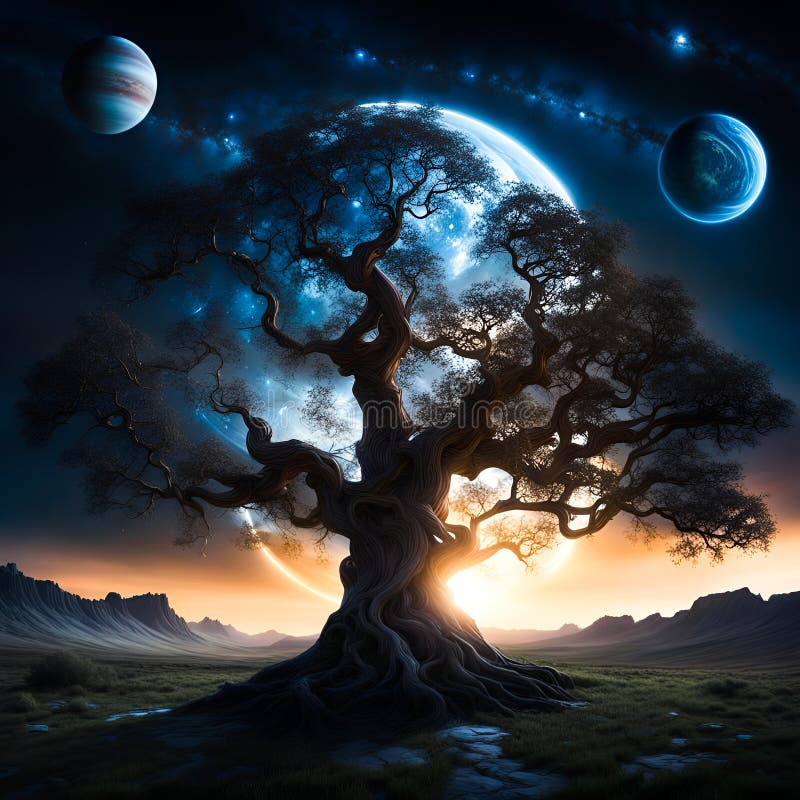 Planets Tree Space Reflection Life on Other Worlds Stock Illustration ...