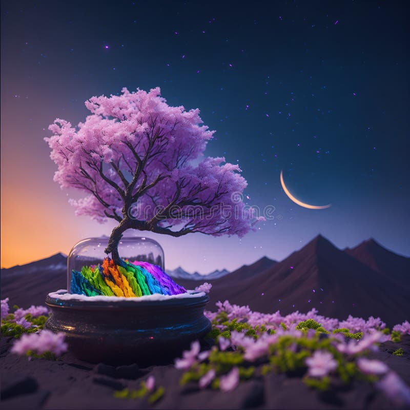 A Mini Sakura Tree with Moon and Mountains Background. Generated AI ...