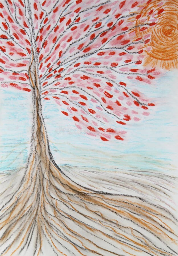 Beautiful Tree with Red Leaves and the Rising Sun, Drawing Stock ...