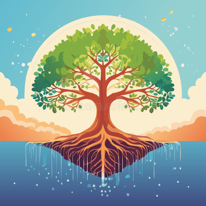 Beautiful Tree with Roots Reaching Water and Branches Reaching Sky ...