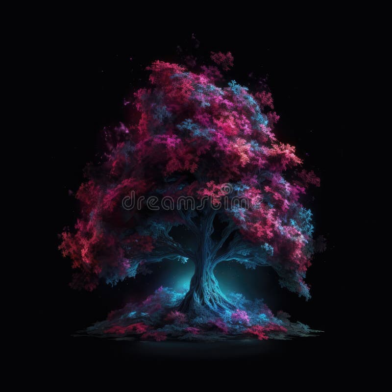 Beautiful Tree Shape in Red Purple Fire on Black Background. Generative ...